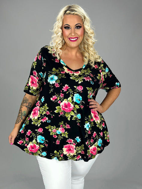29 PSS {All For Hope} Black/Pink Floral V-Neck Top PLUS SIZE 1X 2X 3X ...