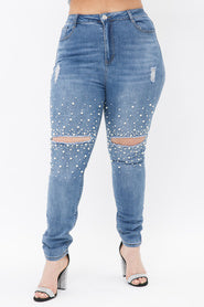 BT {Woke Up Flawless} VOCAL Denim Pearl Distressed Jeans PLUS SIZE XL ...