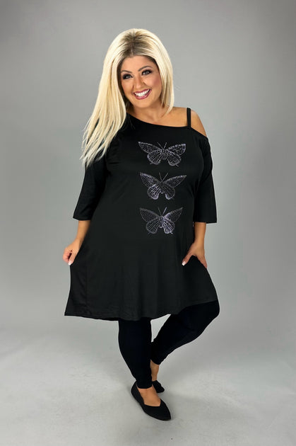 OS Black One Shoulder 3 Butterfly Print Tunic EXTENDED PLUS SIZE 3X 4X ...
