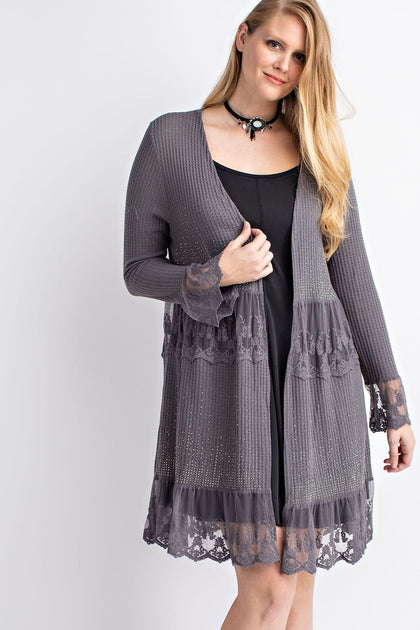 13 OT {Need You Back} VOCAL Charcoal Waffle Knit & Lace Cardigan PLUS ...