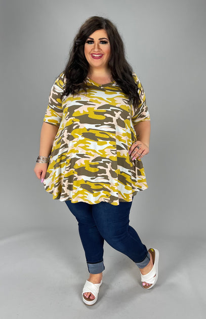 84 PSS-E {Not The Average} Mustard Camo Print Top PLUS SIZES XL 2X 3X ...
